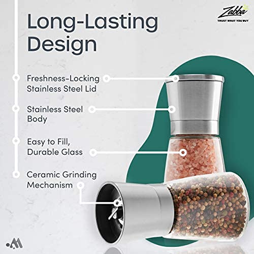 Modetro Salt and Pepper Shakers Set 6 oz Each Adjustable Coarseness Pepper Grinder Mill for Sea Salt Spice Stainless Steel Glass 2 Pack