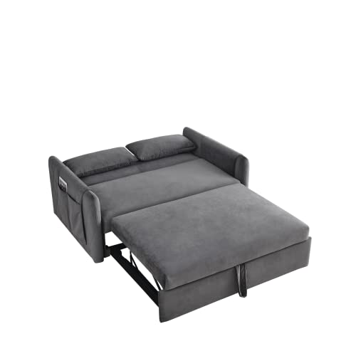 Eafurn 3 in 1 Multi-Functional Convertible Sleeper Sofa Bed, Modern Velvet Loveseat Sofa & Pull Out Couch Reclining Adjustable Backrest and 2 Pillows Grid Design Armrests for Apartment Living Room