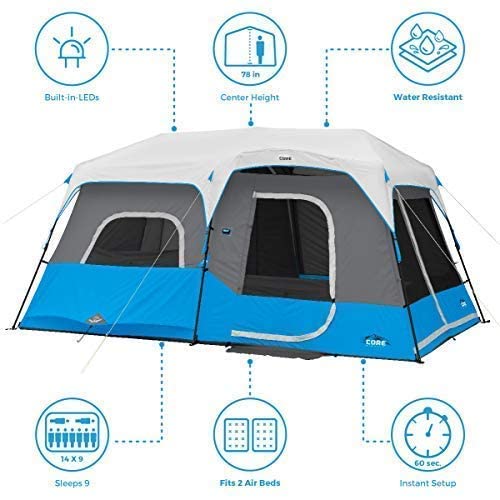 CORE 9 Person Lighted Instant Cabin Tent with Included Footprint and Tent Kit