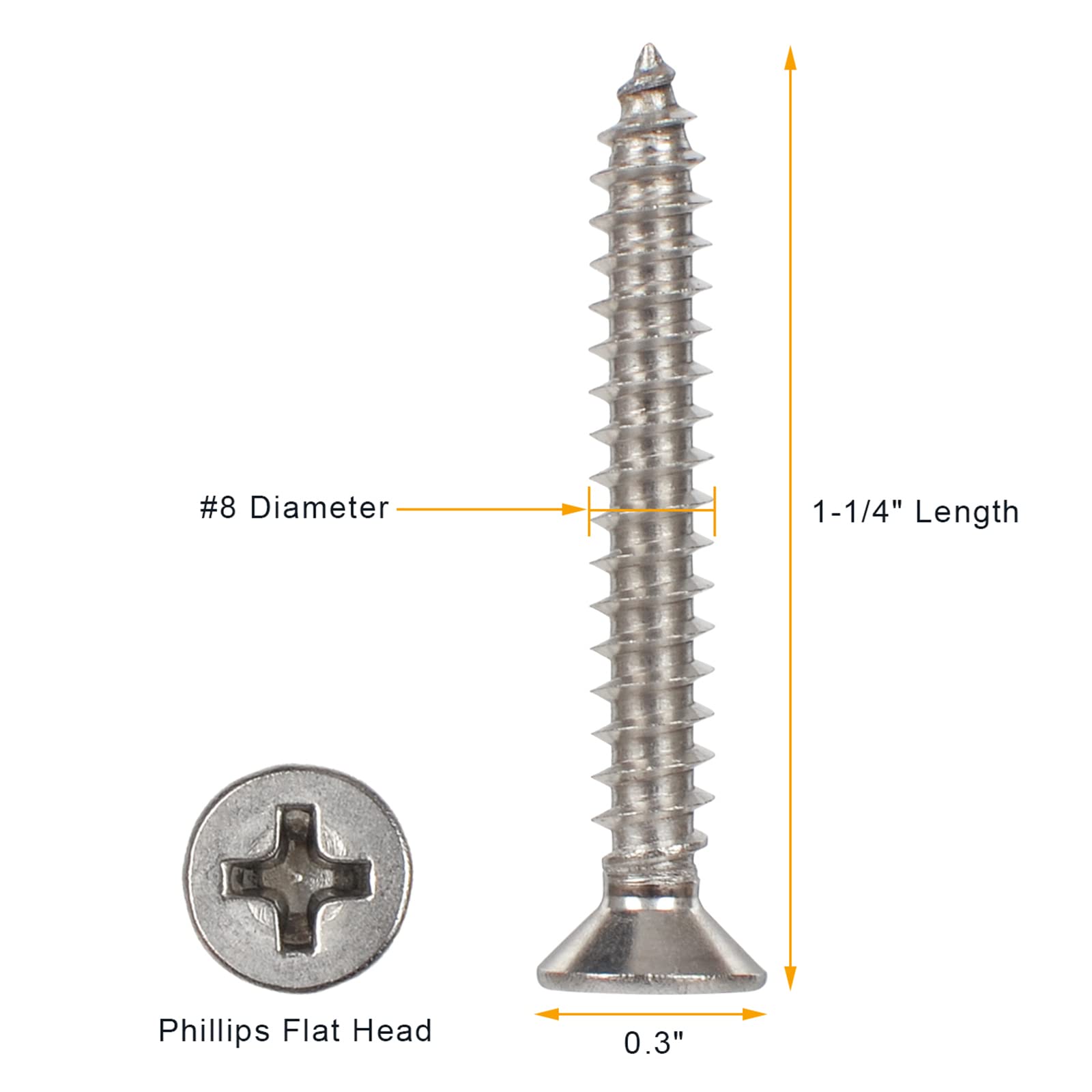 Jigreat #8 x 1-1/4" Stainless Steel 304 (18-8) Flat Head Phillips Wood Screws 50pcs Solid Stainless Screw
