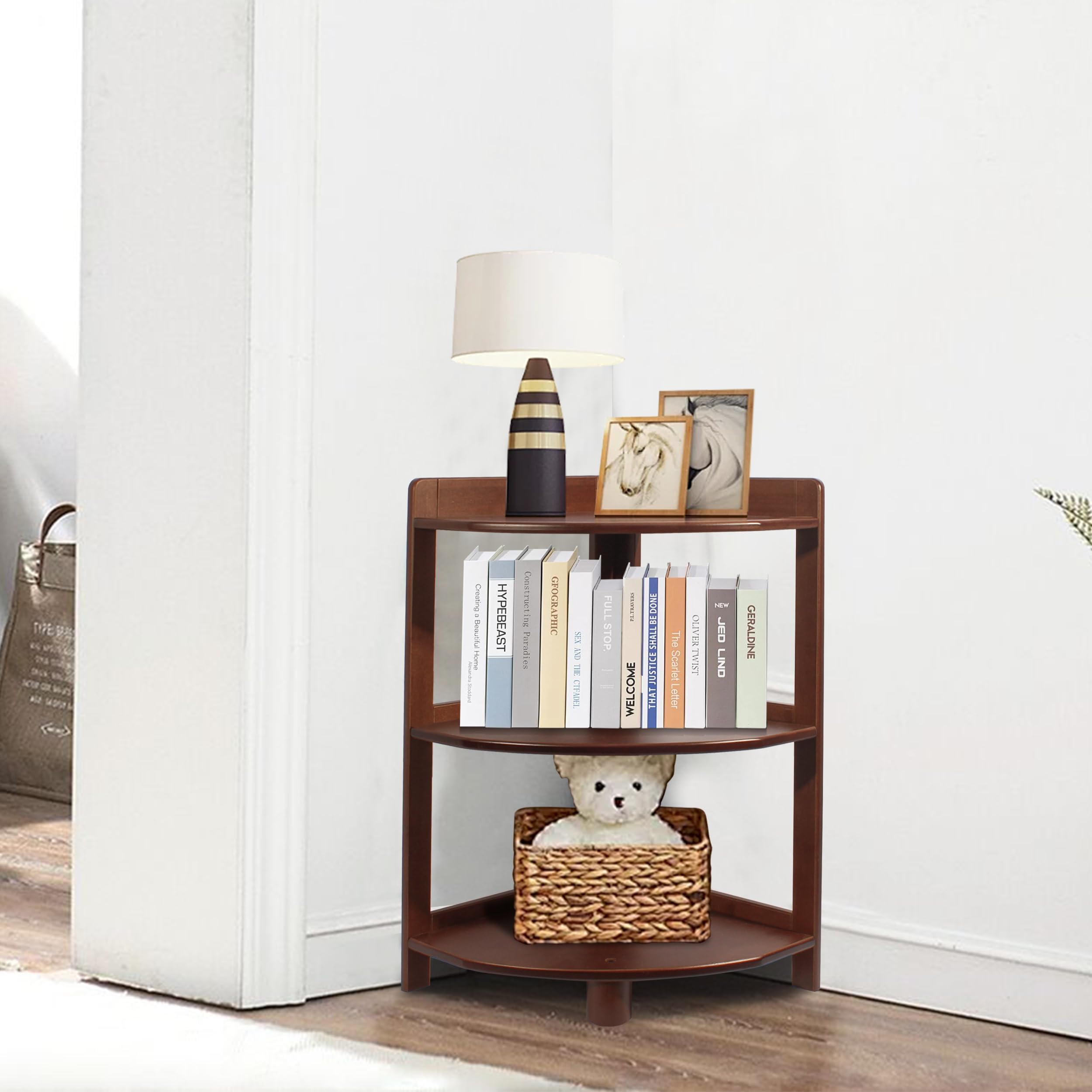 DOUSY 3 Tier Bamboo Corner Bookshelf, Mid Century Modern Corner Shelf, 24" Short Corner Bookcase with Storage Display Rack for Living Room, Bedroom, Home Office