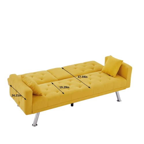 Eafurn Linen Fabric Futon Bed, Button Tufted Folding Recliner Sleeper Reversible Loveseat Convertible Daybed with 2 Cup Holders,75.59" W Small Splitback Sofa & Couches for Living Room, C-Yellow