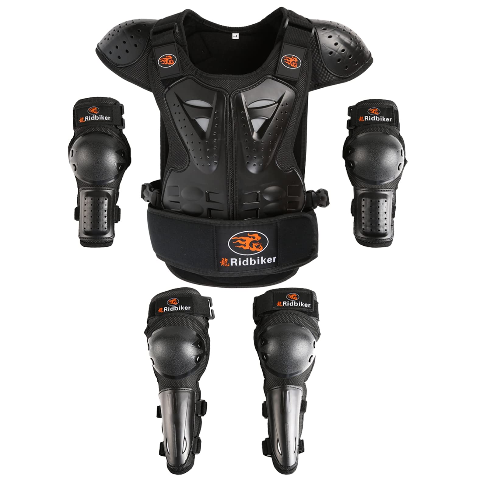 Kids Dirt Bike Gear Chest Protector Motocross Gear Motorcycle Armor Vest Elbow Guard Knee Shin Guard Pads Youth Motorcycle Protective Gear (Black, L:(Height:51.18"-57.08"))