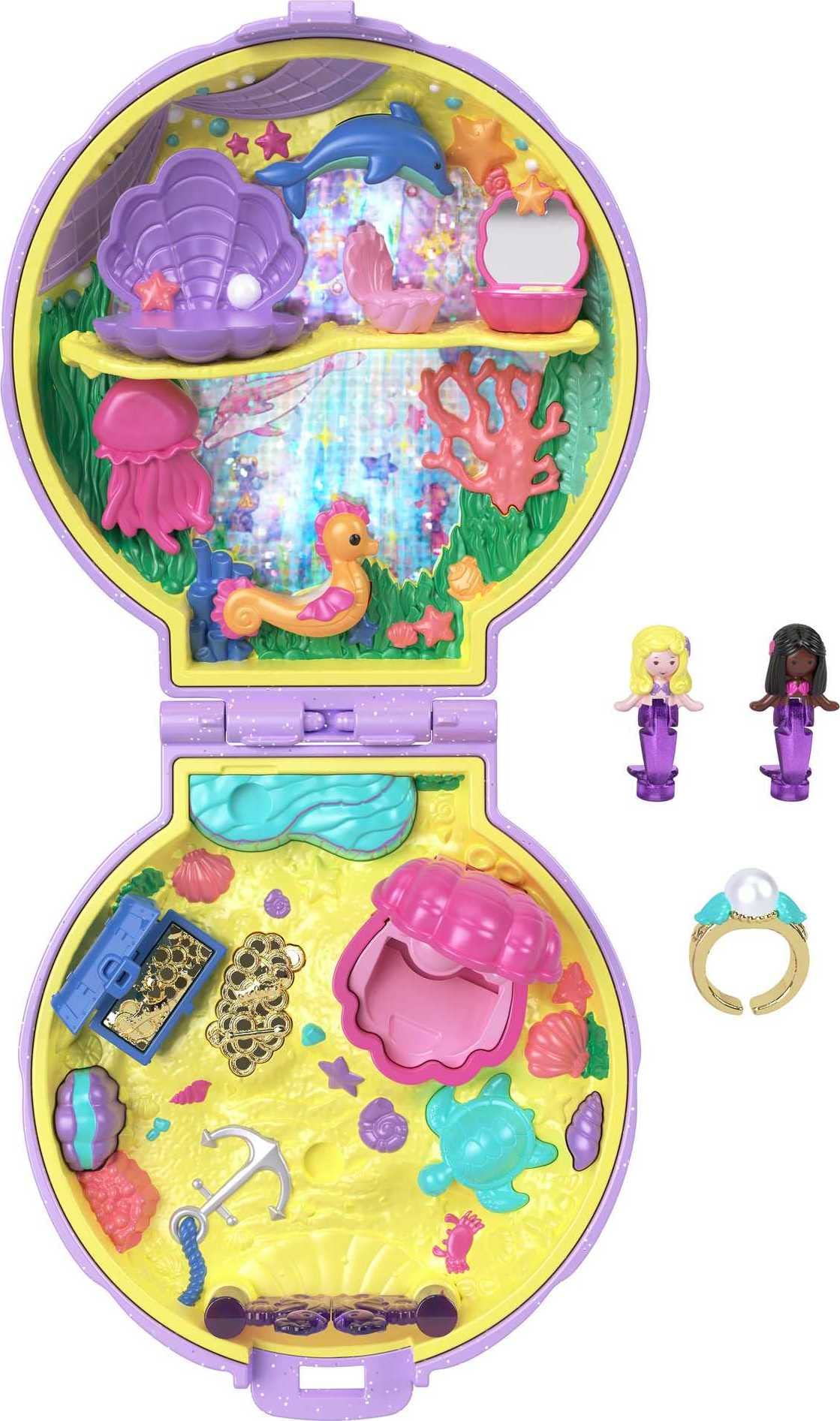 Polly Pocket Keepsake Collection Mermaid Dreams Collectible Compact, Under-The-Sea Theme, Special Box, 2 Mermaid Dolls, Wearable Ring & More, Collectible Gift, Ages 4 Years Old & Up