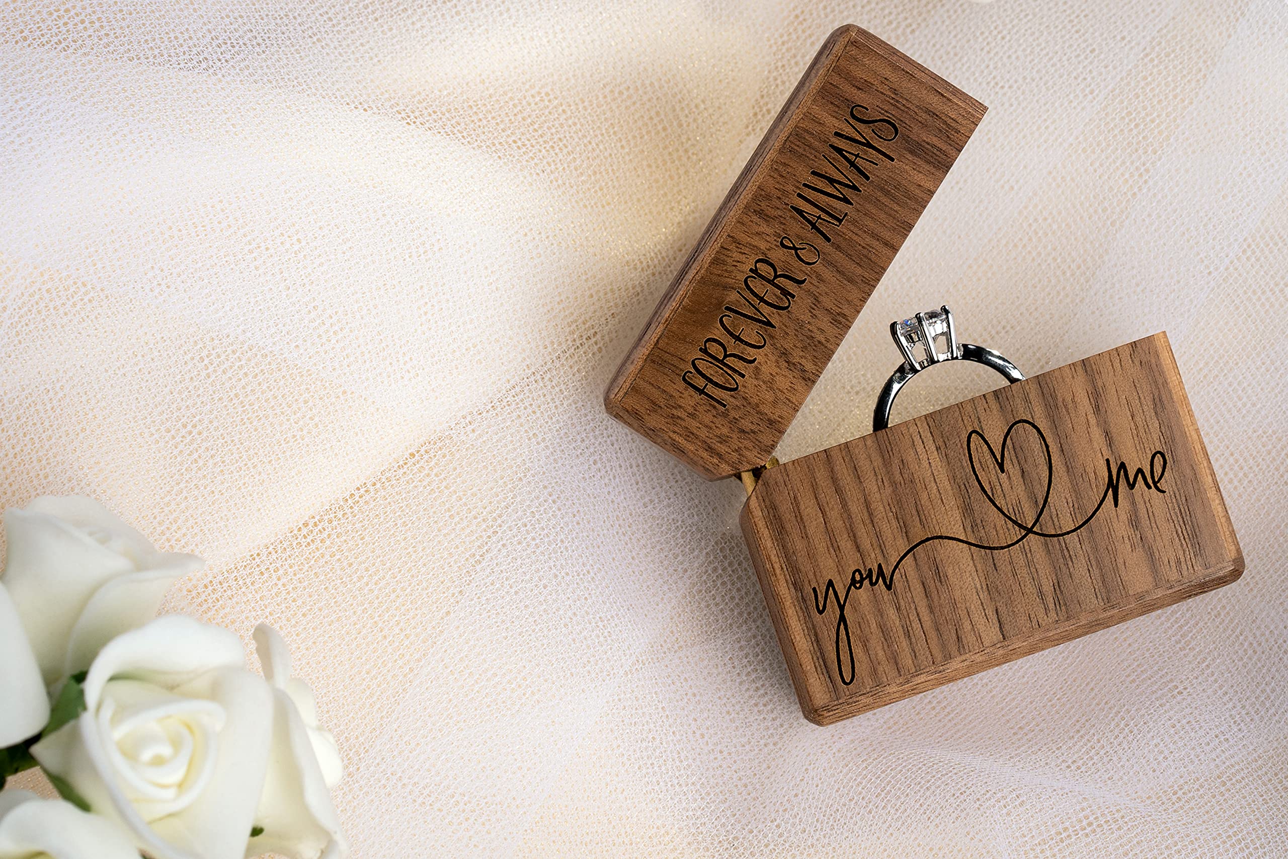URBAN KRAFTS Engagement Ring Box for Proposal Slim Pocket Size Walnut Wooden Lighter Ring Box Engraved (Forever and Always You and Me)