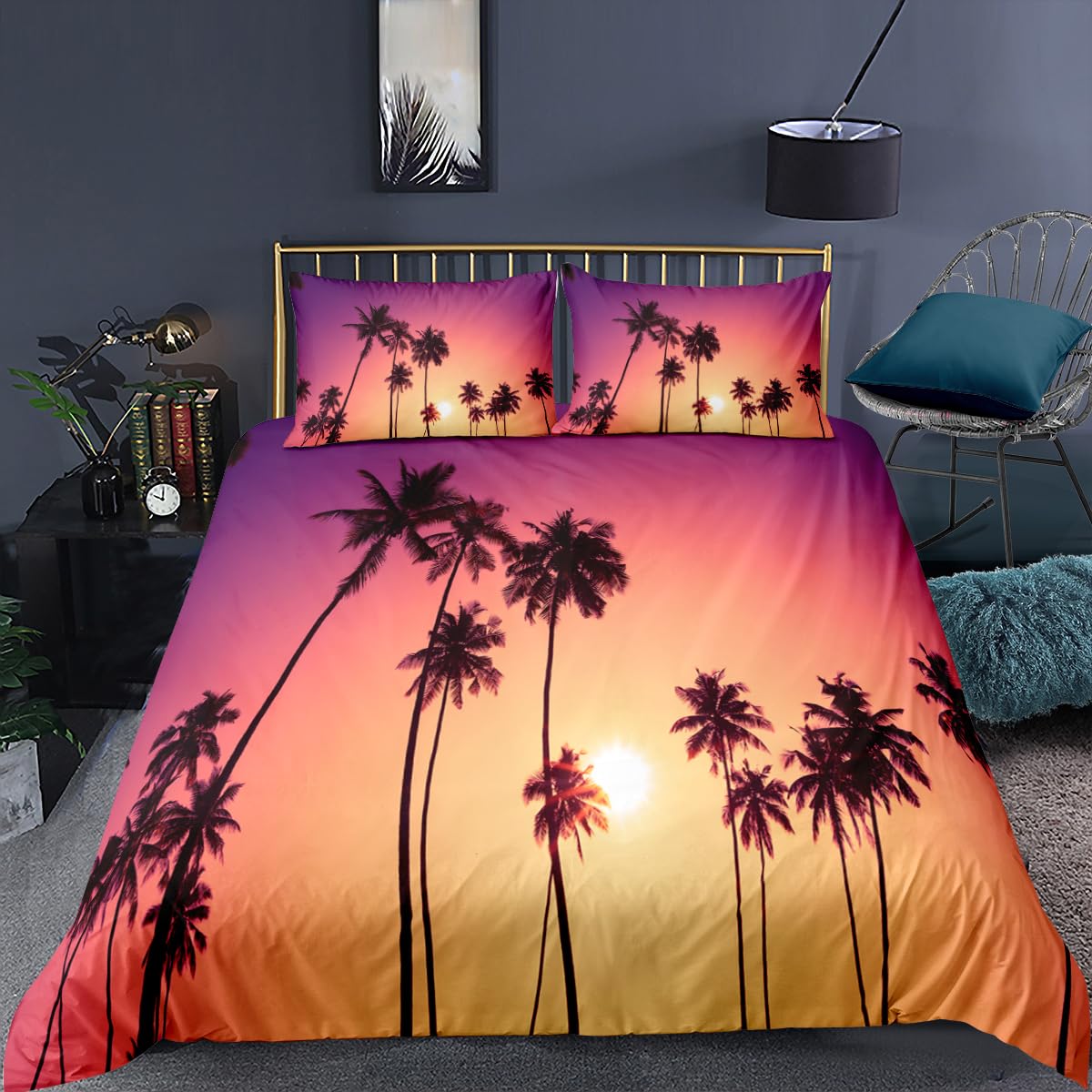 Jingzhang Ocean Duvet Cover Set 3Pcs Sunset Palm Trees Silhouette Bedding Sets with Zipper Dreamy Dusk Exotic Ocean Scenery Quilt Cover with 2 Pillow Shams,Queen Size