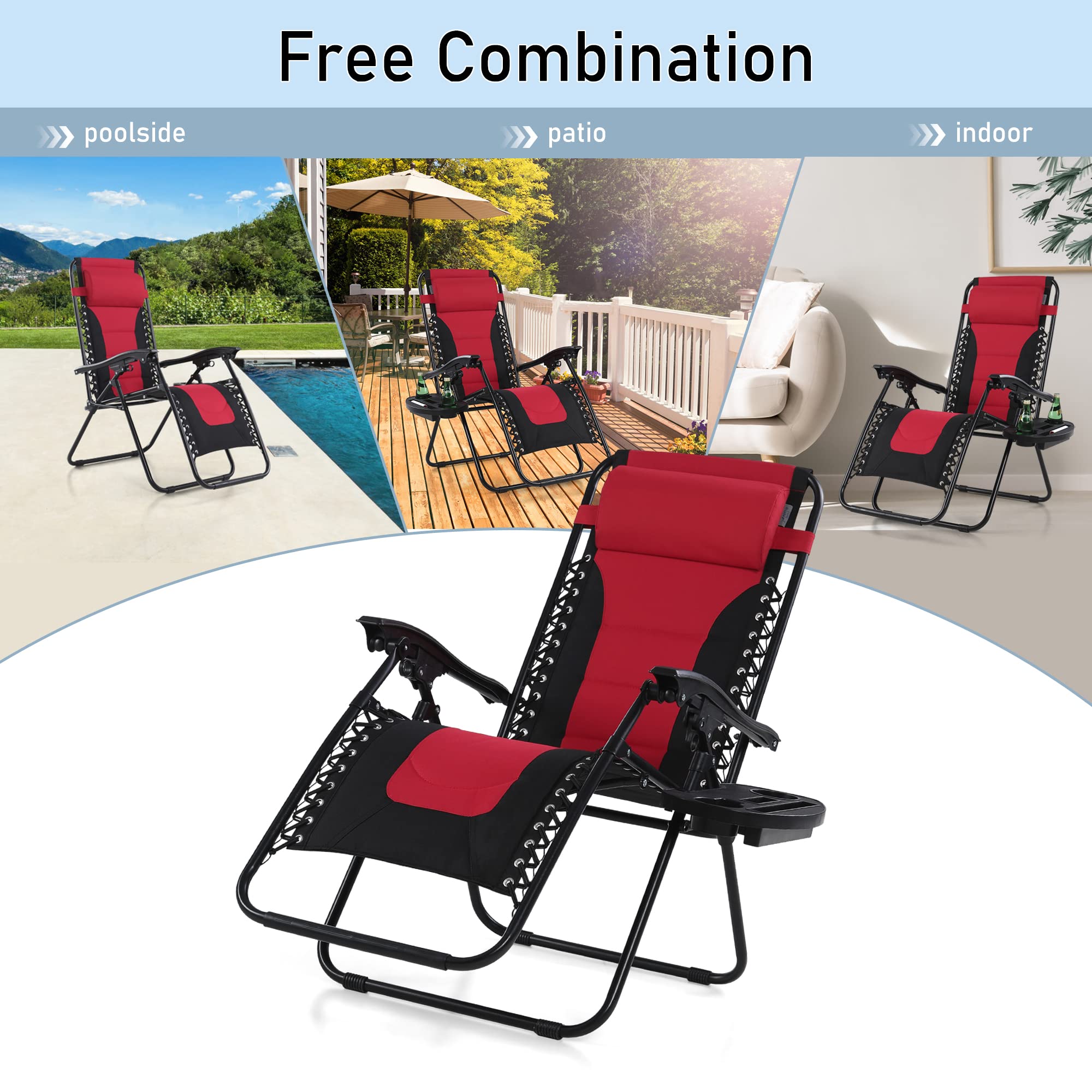 PHI VILLA Set of 2 Padded Zero Gravity Lounge Chair Folding Patio Recliner with Adjustable Headrest & Cup Holder, Support 350 LBS(Red)