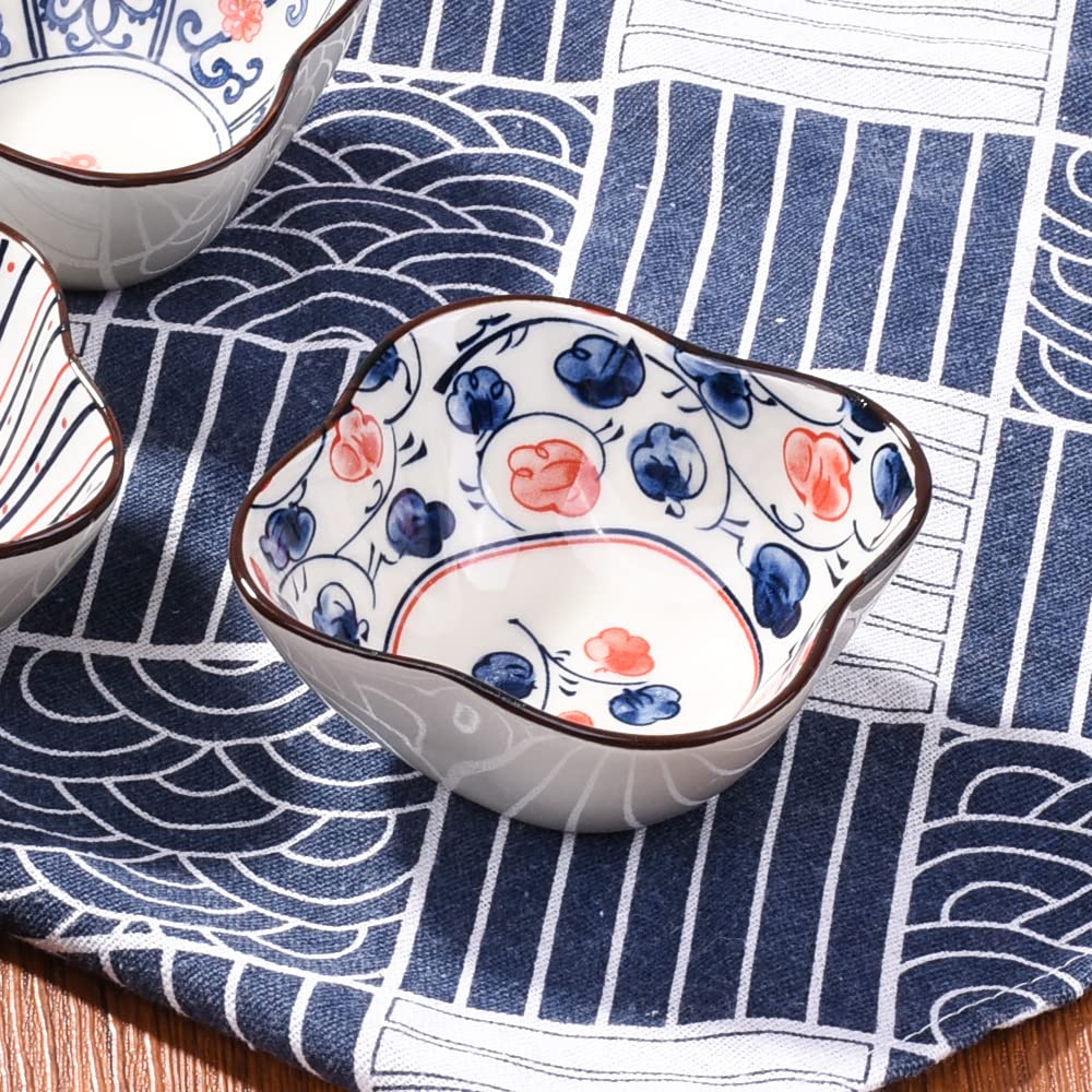 BOSILI Sauce Bowl Set of 6-4 OZ Sauce Plate, 6 Different Pattern Dipping Bowls/Dish, Mini Small Bowls for Soy Sauce, Ketchup, Condiments, Salad Dressing, Spices