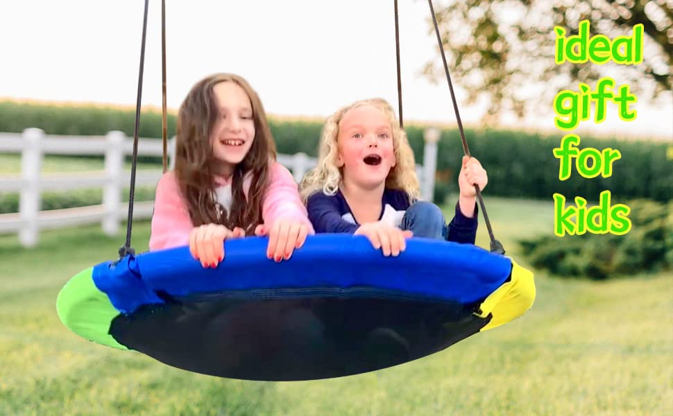 Hishine 43" Saucer Tree Swing for Kids, 360° Rotate Waterproof Flying Saucer Swing with Swivel, Hanging Straps, Adjustable Ropes, Round Mat Spinner Swing for Tree/Swing Set (Rainbow)