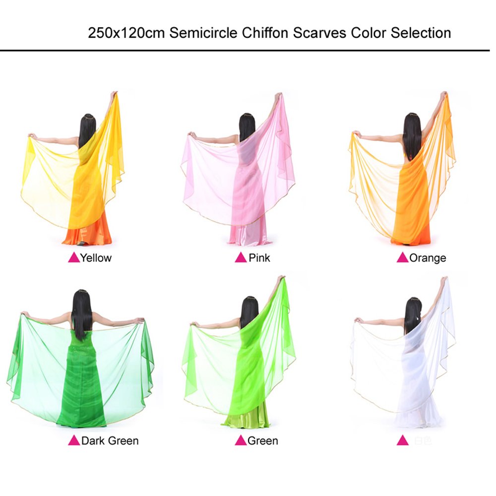 SHOWYOU 98.43" x 47.24" Lightweight Semicircle Chiffon Veil Belly Dance Scarf Blue Veil Scarf Shawls Trimed Gold Sequence (BLUE)
