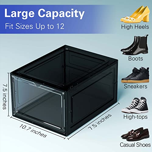 iBune 12 Pack Drop Front Shoe Storage Boxes, Clear Plastic Shoe Organizer for Closet, Easy Assembly, Stackable Foldable Shoe Containers for Display Sneakers Boots, Fit US Size up to 12, Black
