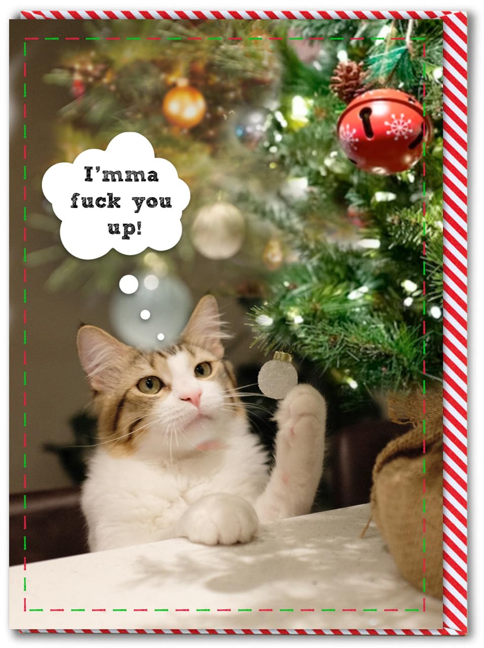 Brainbox Candy - Rude Christmas Card - 'I'mma F*ck You Up' - Cheeky Xmas Cards - Funny Seasonal Humour Cards - Rude Cat Themed Christmas Card - Cheeky Cat Xmas Card - For Cat Lovers