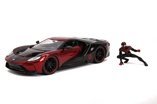 Jada Toys Marvel 1:24 2017 Ford GT Die-cast Car with 2.75" Miles Morales Spider-Man Figure, Toys for Kids and Adults Black and Red