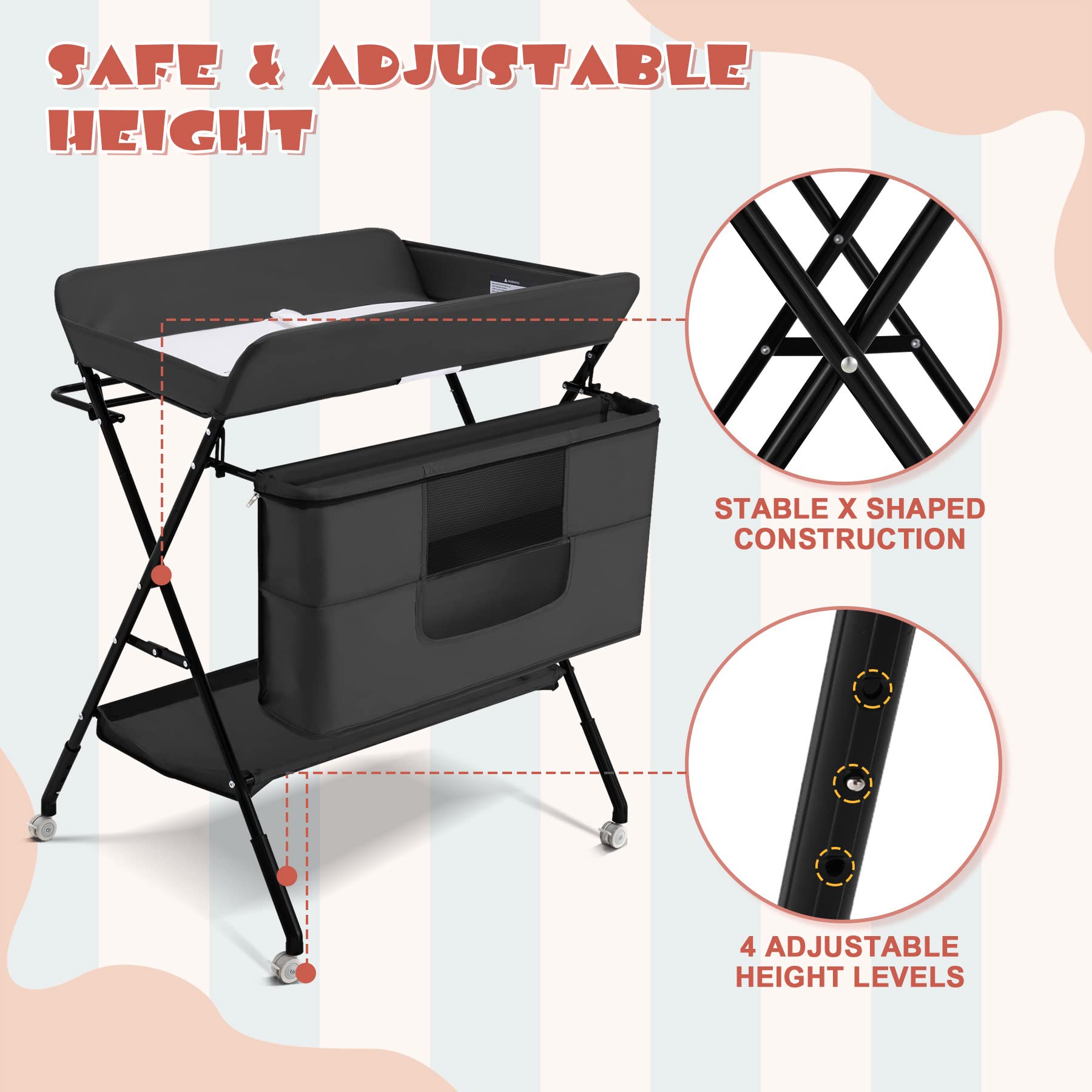 DAWNSPACES Baby Changing Tables, Portable Folding Baby Diaper Changing Table for Infant, Adjustable Height Changing Station with Nursery Organizer & Wheels, Black