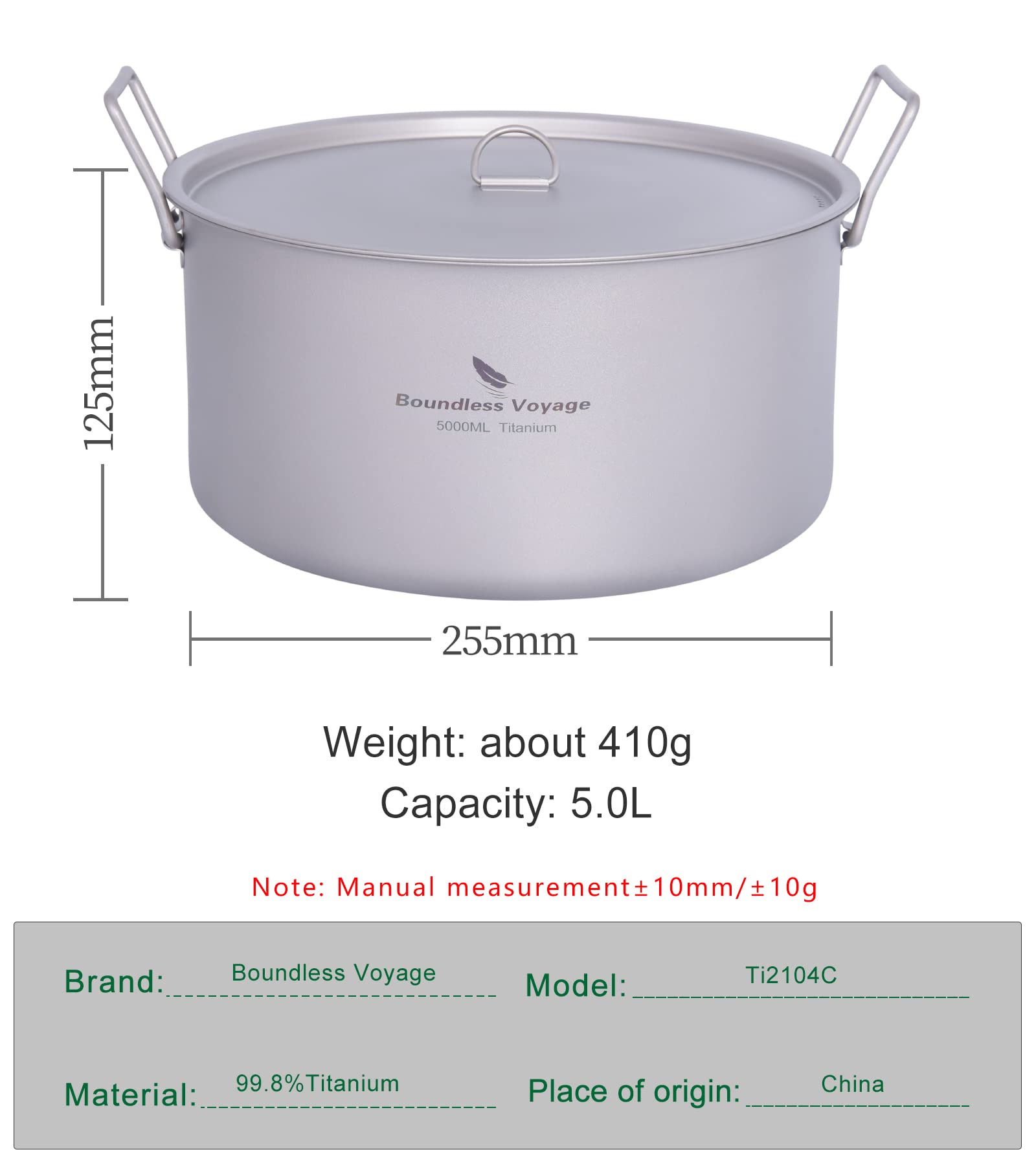 Boundless Voyage 5L Titanium Stock Pot with Lid Folding Handle Soup Pot for Outdoor Camping Hiking Picnic Home Kitchen Ultralight Cookware Ti2104C