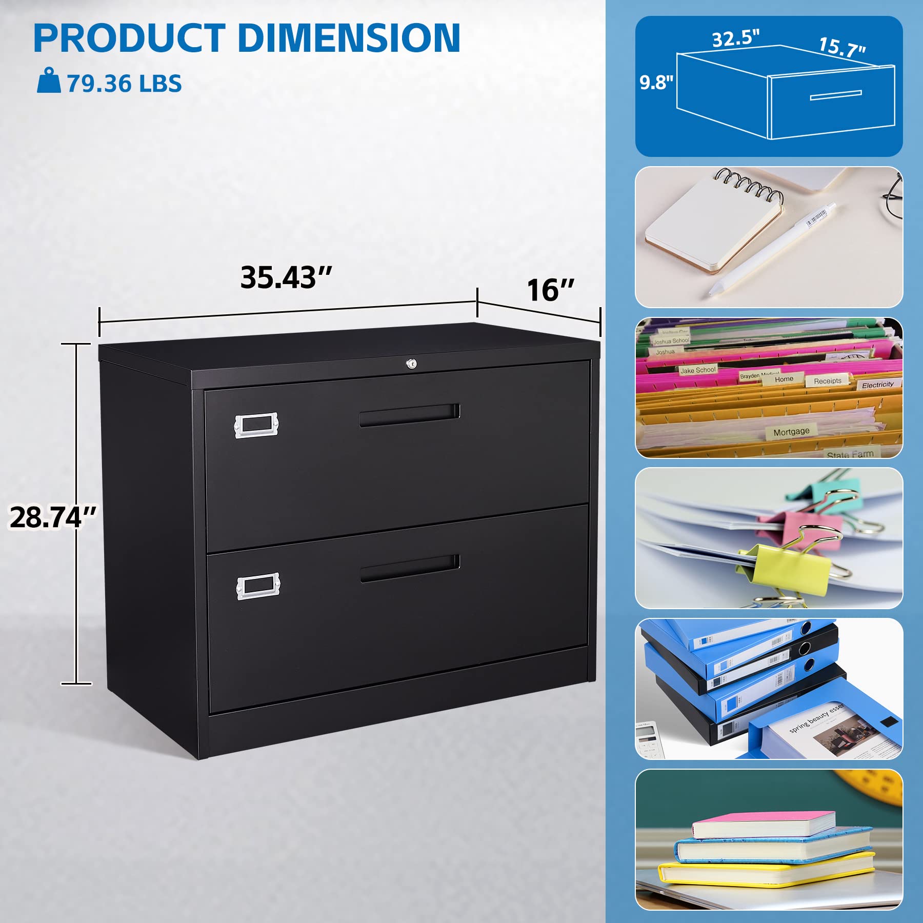BYNSOE 2 Drawer Lateral File Cabinet Metal Filing Cabinet with Lock Office Home Steel Lateral File Cabinet for A4 Legal/Letter Size Lockable Wide Metal Cabinet,Assembly Required(2 Drawer, Black)