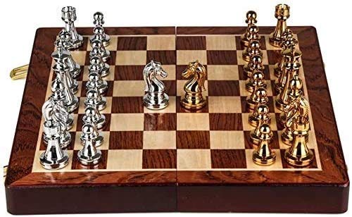 Chess Sets and Boards High-Grade Solid Wood Set,Retro-Style Metal Bronze Pieces,Special Folding Board for Adults and Children's (B 30CM)