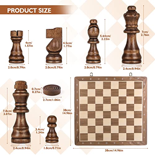 Peradix 15" Wooden Chess and Checkers Set, Magnetic Chess Sets - 2 Extra Queens, 2 in 1 Board Games with Folding Board and Chessmen Storage Slots, Beginner Chess Set for Adults Kids, Gift Box Packed