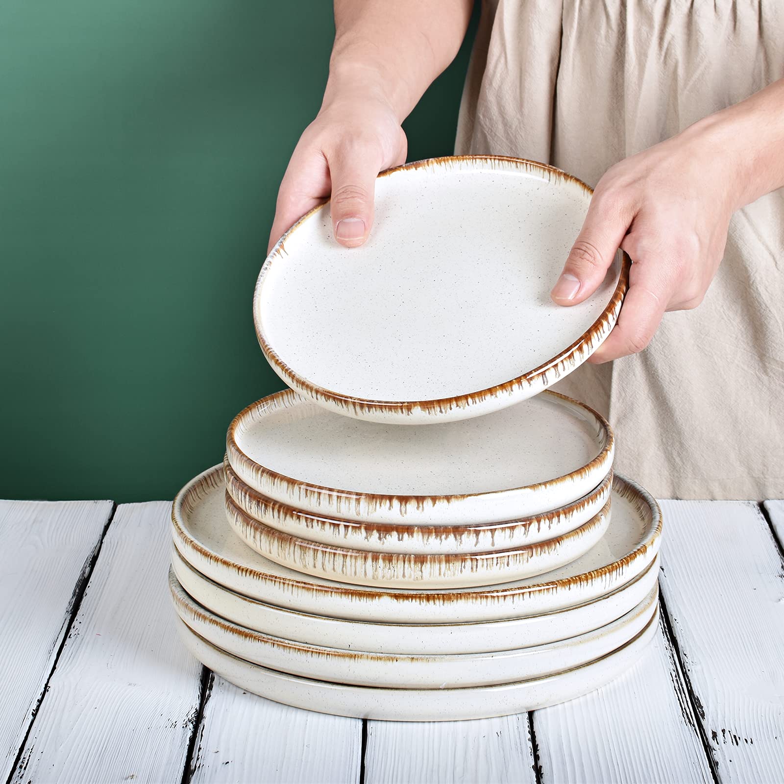Bosmarlin Ceramic Dinner Plates Set of 4, Stoneware Plates for Salad, Pasta, Dessert, Microwave and Dishwasher Safe (Beige, 8.2 in)