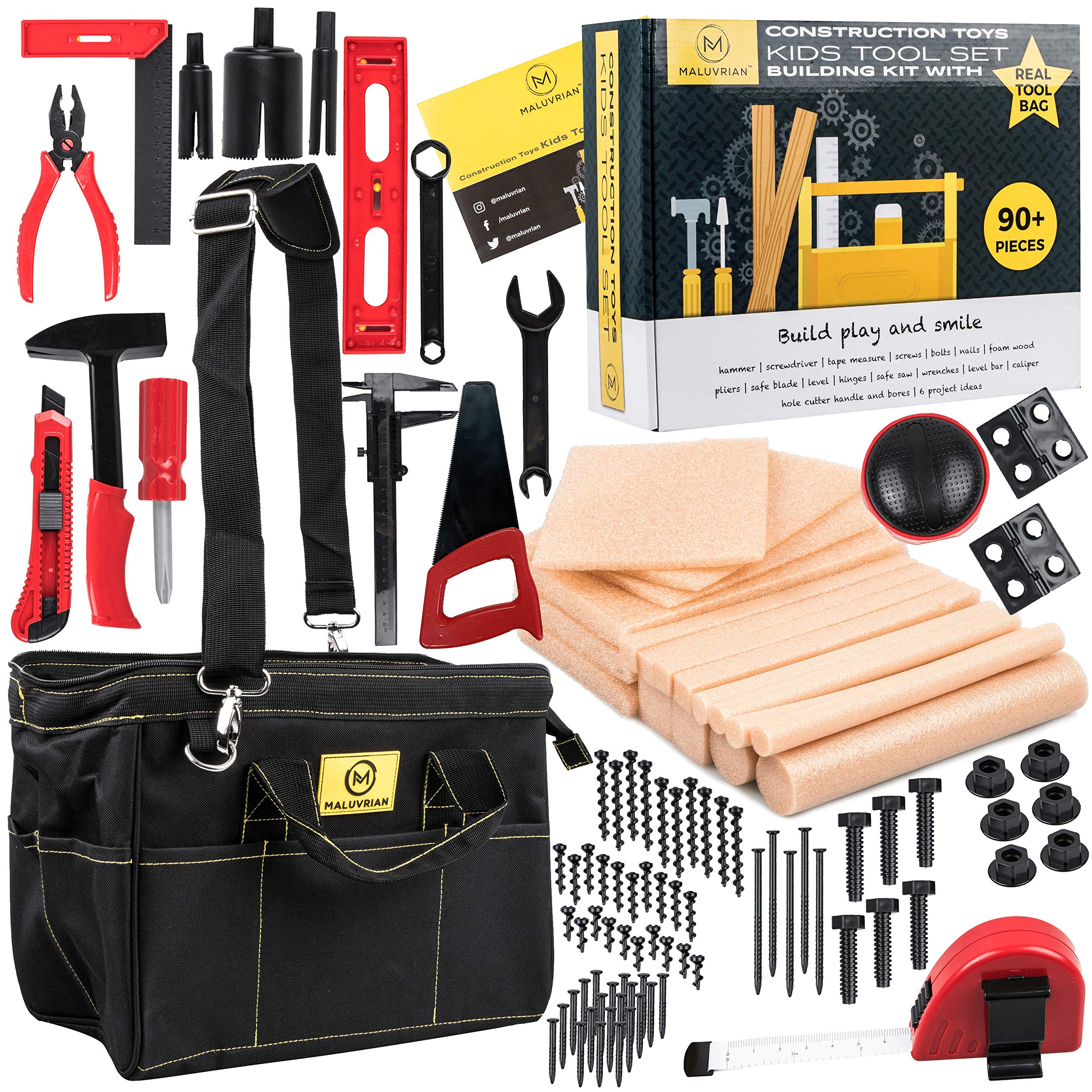 MALUVRIAN Educational Toys Building Toys - Plastic Tools - Kid Toys STEM Toys for Boys and Girls - Real Tool Bag Construction Toys Arts and Crafts Foam Wood Pretend Play Creative Toys Kids Tool Set