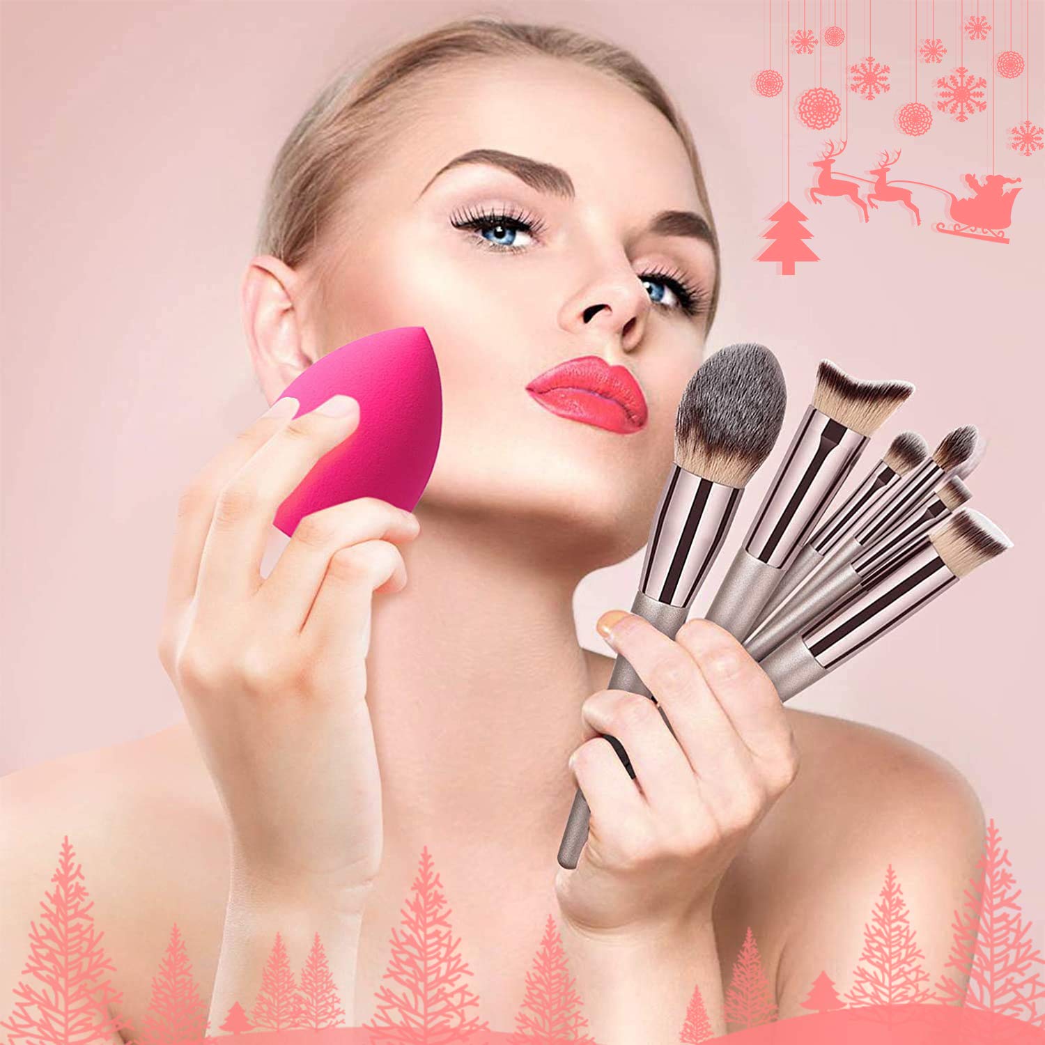 BESTOPE 18 Piece Makeup Brushes, 4 Piece Sponge and 1 Brush Cleaner set, Premium Synthetic Foundation Kit, Champagne Gold Conical Handle, 23 Count