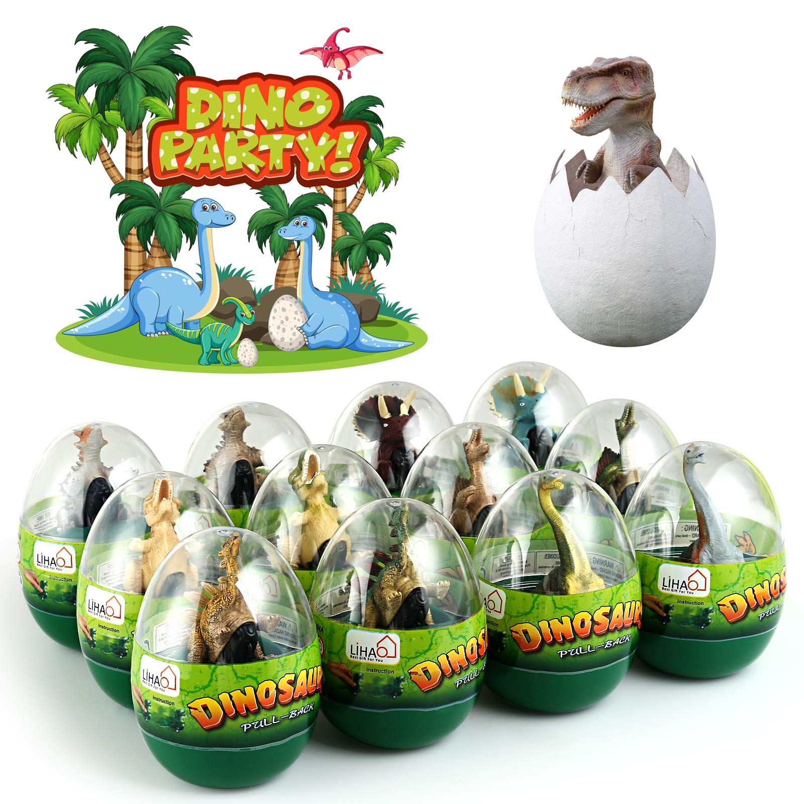 LIHAO 12 Pack Dinosaur Pull Back Cars with Jumbo Eggs, Filled Easter Eggs with Toy Inside for Easter Basket Stuffers, Party Favors, Egg Hunt Dinosaur Birthday Party Favors Supplies