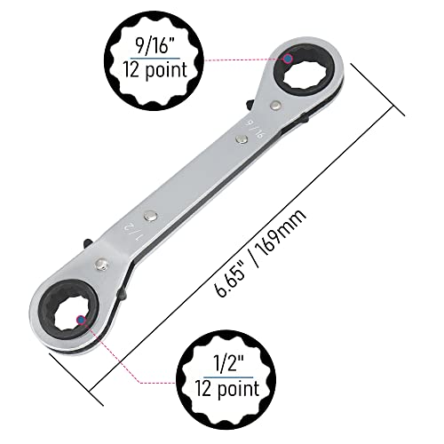 FOCMKEAS 1/2-9/16 Inch Reversible Universal Ratcheting Wrench,Imperial Double Offset Box End, Matte Chrome Plated Cr-V Steel, Heavy-Duty,72 Tooth Ratchet Spanner Crooked for Narrow Spaces