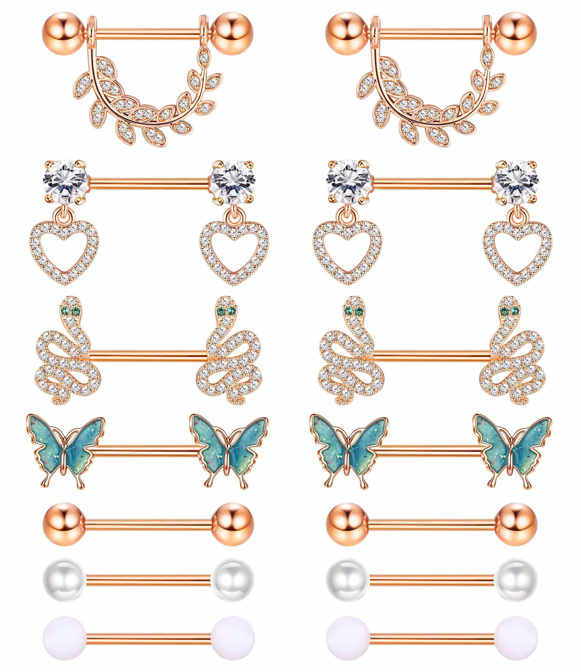 Besteel π π·ππππ Nipple Piercing Jewelry Stainless Surgical Steel Nipple Rings Set Cute CZ Ball Heart Butterfly Snake Tongue Belly Barbell Body Jewelry for Women 14G Rose Gold