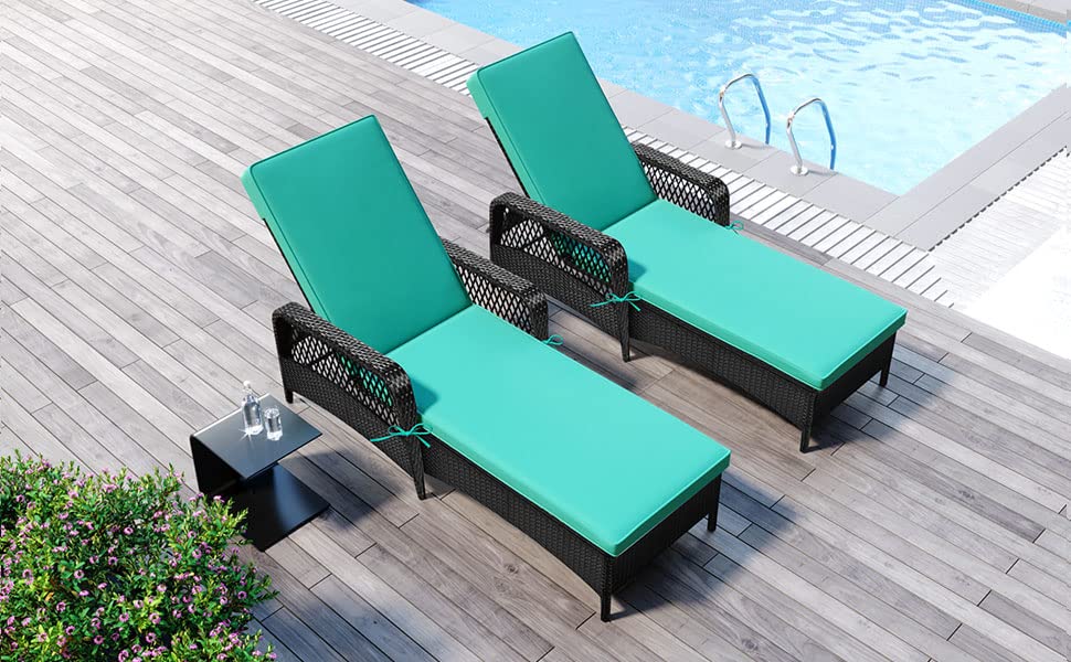 DHHU Foldable Chaise Sun Lounger Terrace, Outdoor Rattan Lounge Chair, Adjustable Back Recliner, (2 Set), Black Wicker/Green Cushion