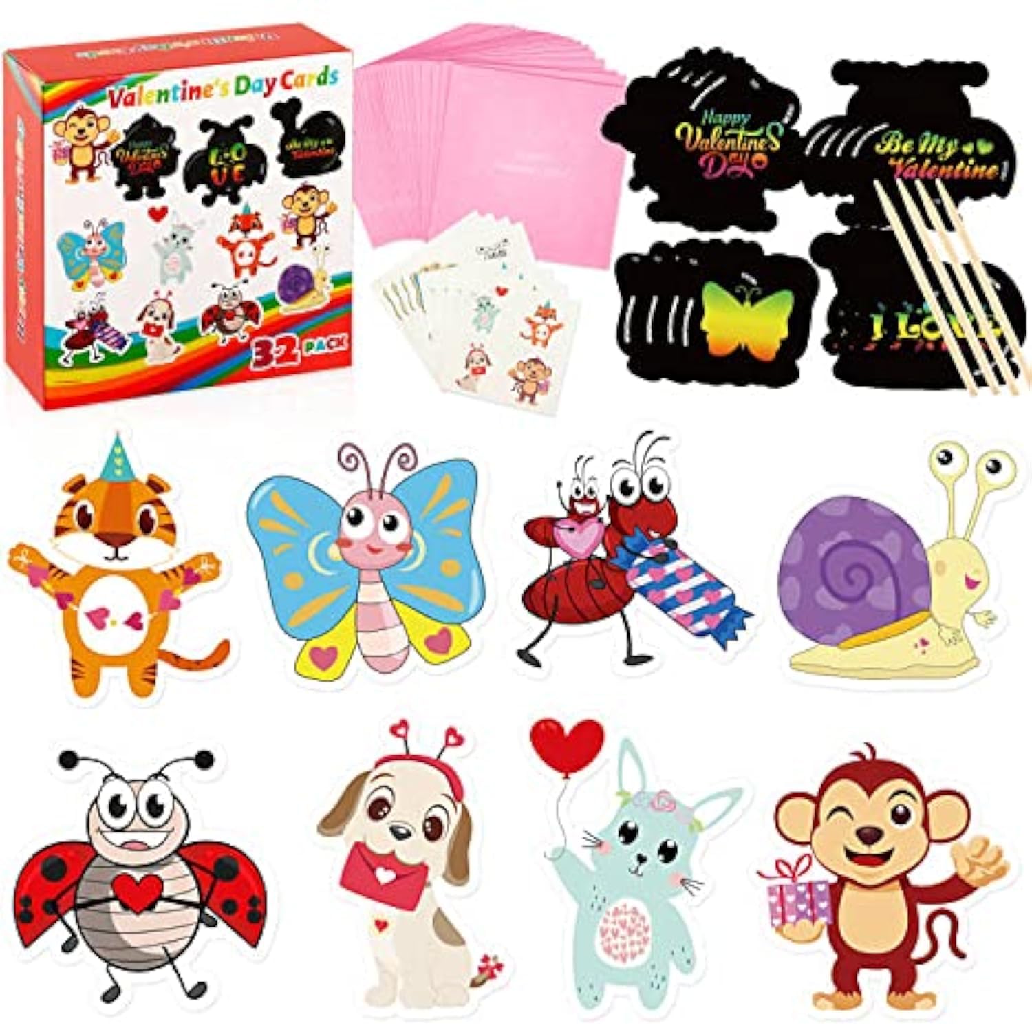 Valentines Cards for Kids 32Pack with Scratch Paper, Wooden Stylus, Envelopes, Temporary Tattoos, Rainbow Scratch Art Kids Valentines Cards Valentines Gifts for Boys Girls Classroom School Exchange