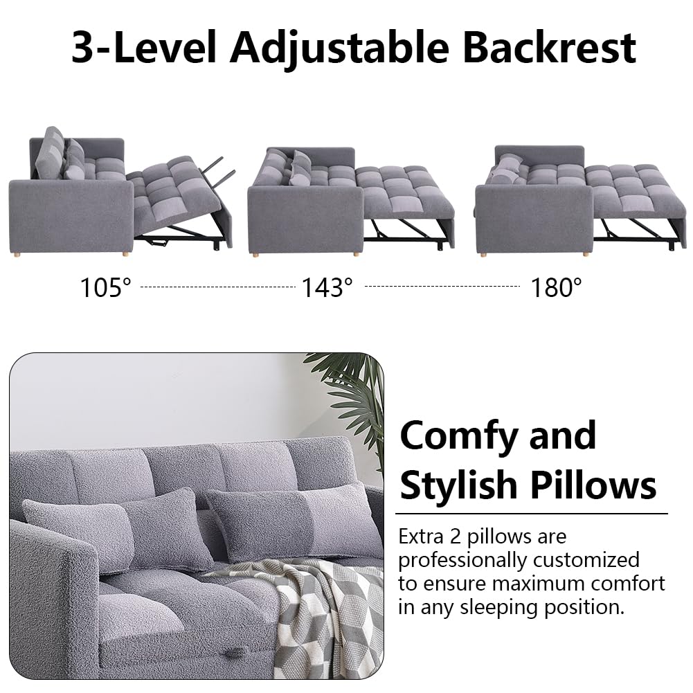 DULATIS Loveseat Sleeper Sofa - Convertible Sofa Bed,Teddy Velvet Pull-Out Bed with Adjustable Backrest,Multi-Functional Lounge Chair for Living Room,Small Space(Dark & Light Grey)