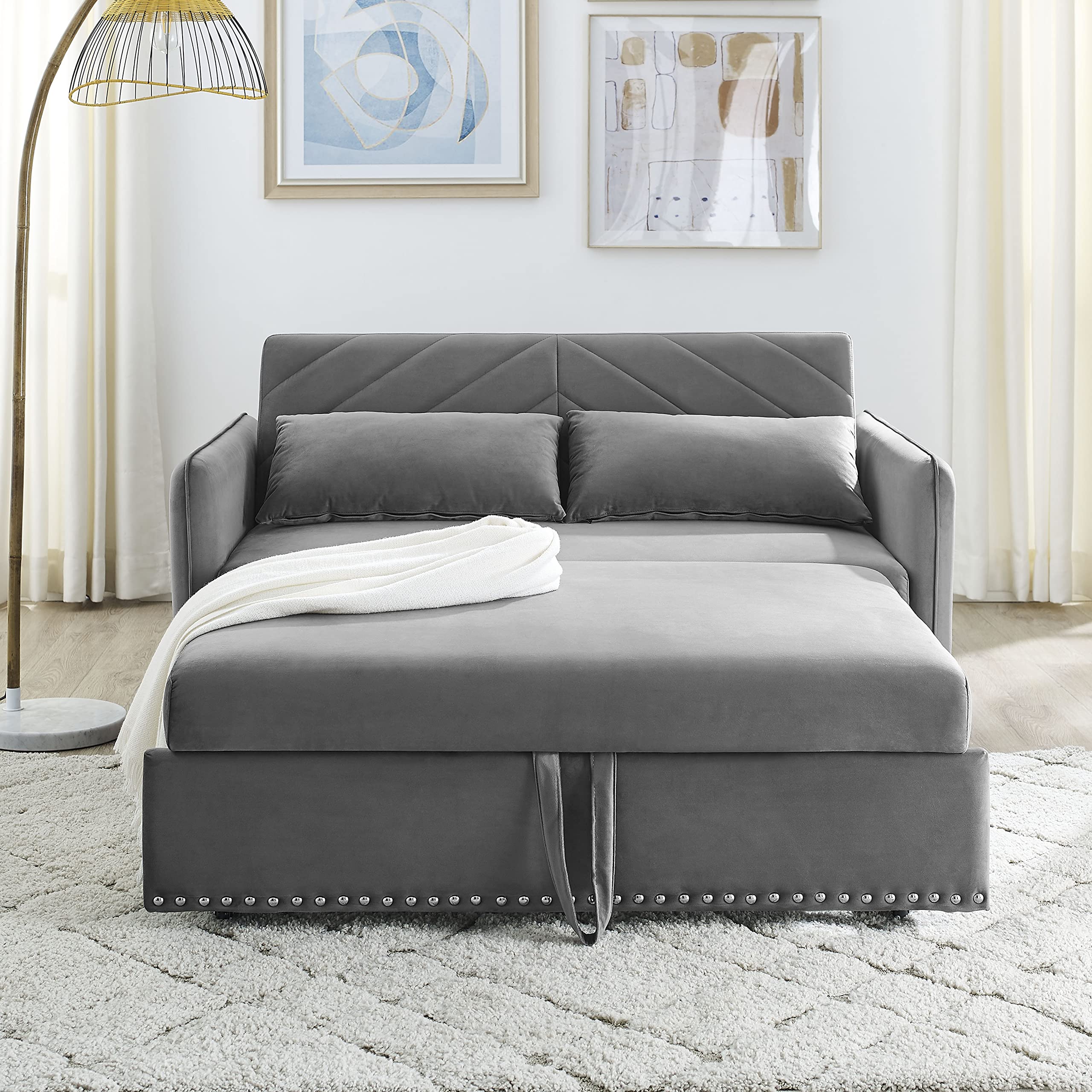 ERYE Functional 3 in 1 Sleeper Sofa Grid Backrest and USB Charging Ports,Modern Velvet Upholstered Convertible Loveseat Sofabed W/Pull Out Sleep Couch Bed & Nailhead Decor for Living Room, 55", Gray1