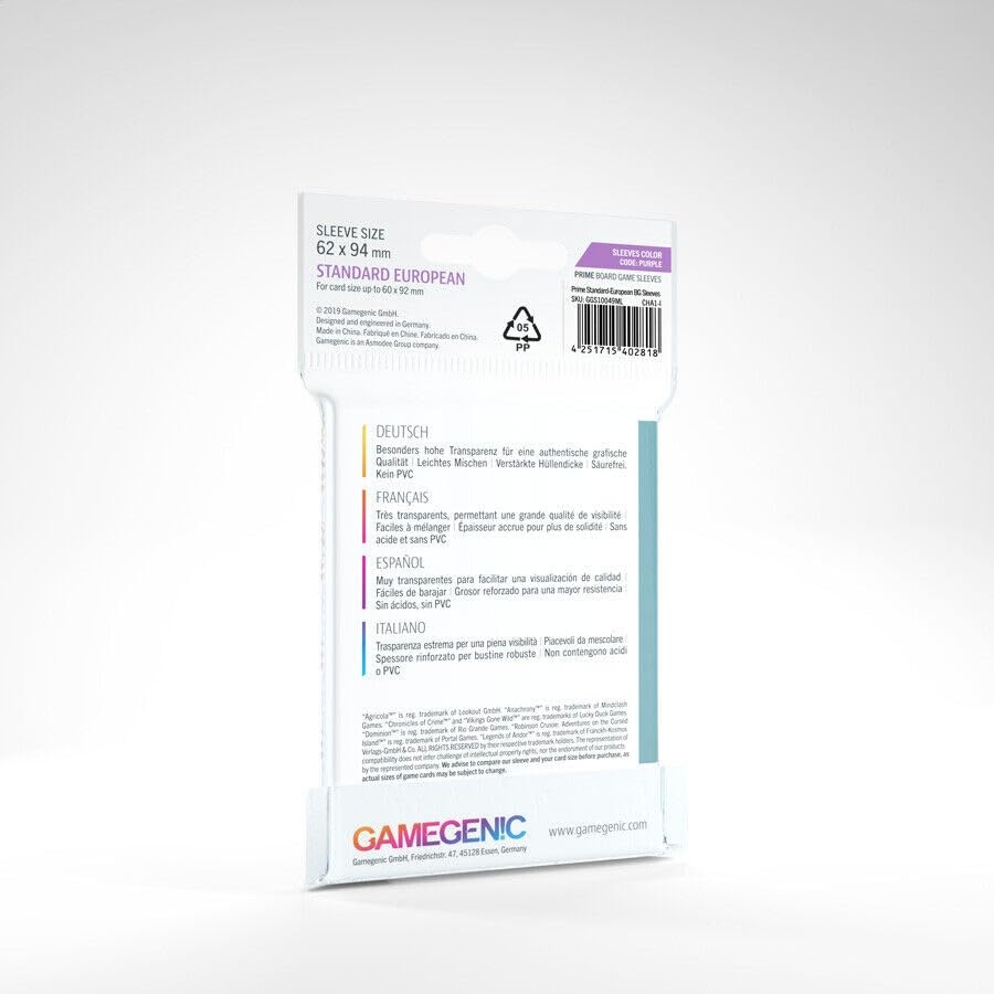 Prime Board Game Sleeves | Pack of 50 Extra-Clear Sleeves | 62 by 94 mm Card Sleeves Optimized for Standard European Card Games | Premium Card Protection | FFG Purple Color Code | Made by Gamegenic