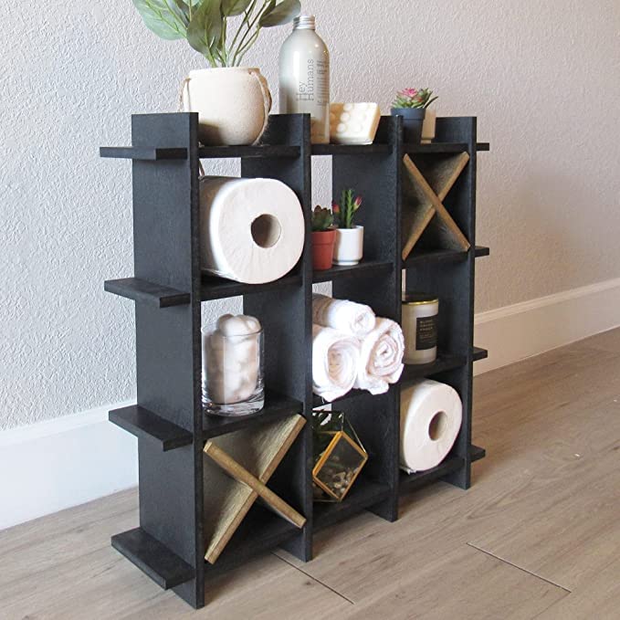 Large Black Tic Tac Toe Toilet Paper Holder Stand | Design Freestanding Bathroom Tissue Roll Storage Organizer | Wooden Bathroom Organizer | Over The Toilet Bathroom Storage Cabinet Wall Mounted