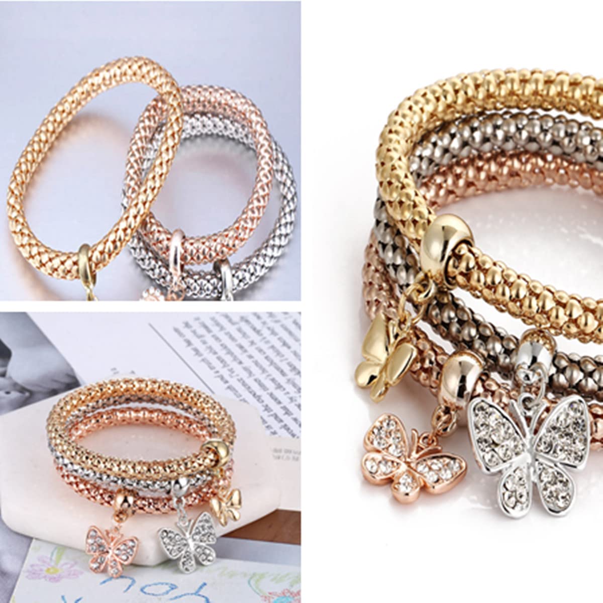 Corn Chain Bracelet, Crystal Multilayer Charms Stretch Bracelet, Butterfly Bracelet, 3PCS Gold/Silver/Rose Gold Corn Chain Bracelet for Women