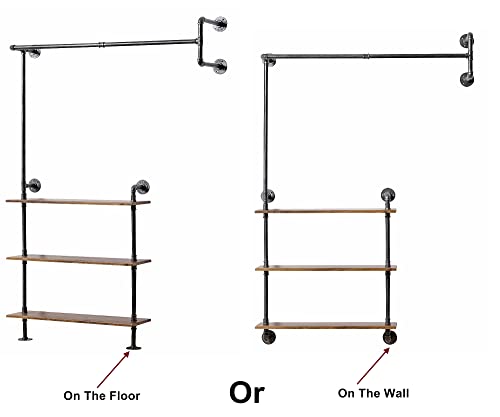 Industrial Pipe Clothing Racks with Shelves, Wall Mounted Wood Clothes Racks, Heavy Duty Iron Pipe Garment Racks for Hanging Clothes, Industrial Retro Steampunk Closet Organizer for Home Retail Store