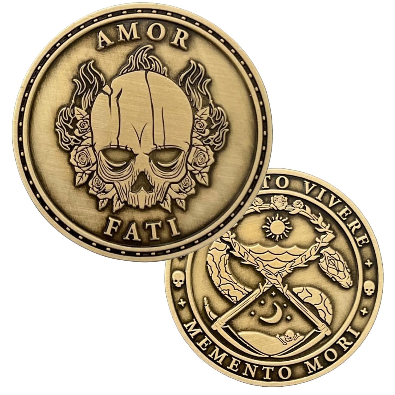 Brigada Sales Stoic EDC Challenge Coin 1.75" - Memento Mori Skull and Amor Fati Design, Gold-Colored Zinc Alloy - Ideal Stoicism Gift for Men - Cool, Flipping Worry Coin