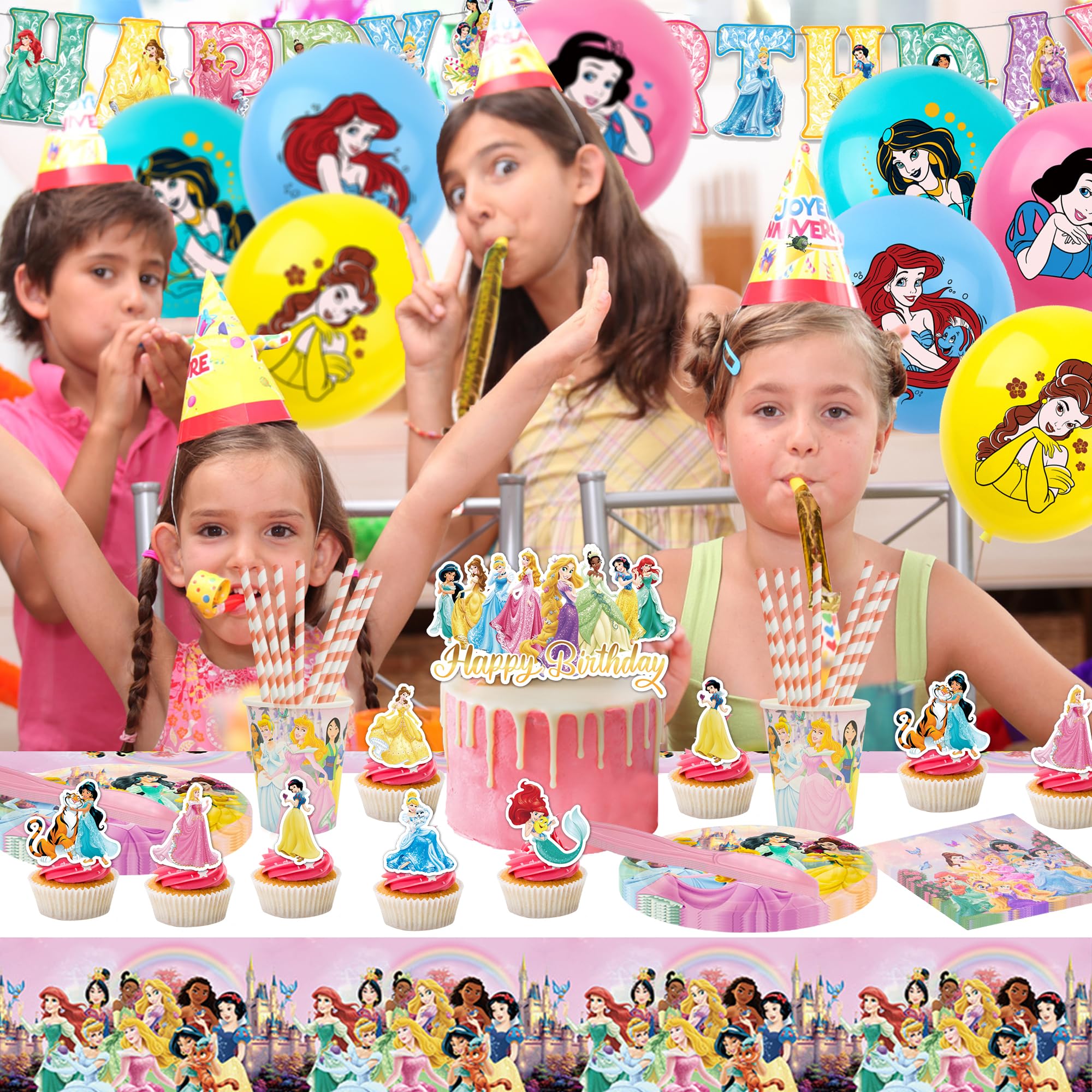 BOSMAT Princess Birthday Decorations, Princess Party Supplies Includes Balloons, Happy Birthday Banner, Cake&Cupcake Topper, Plates, Napkins, Cup, Tablecloth , Foil Balloon and Backdrop
