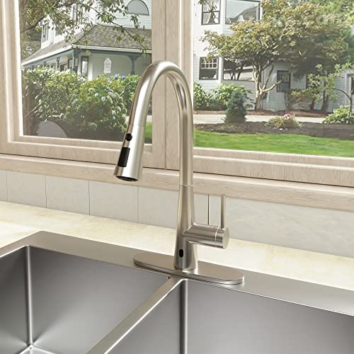 Brushed Nickel Touchless Motion Sensor Smart Hands-Free Kitchen Faucet Single Handle Kitchen Sink Faucet with Pull Down Sprayer