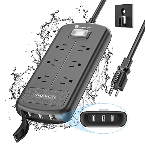 ESHLDTY USB Outdoor Power Strip, 6 FT Waterproof Extension Cord with 6 Outlets and 3 USB Ports, Wall Mountable for Outdoor and Indoor B3-1-6FT-BLK Black 9.06" L x 4.72" W x 1.38" H