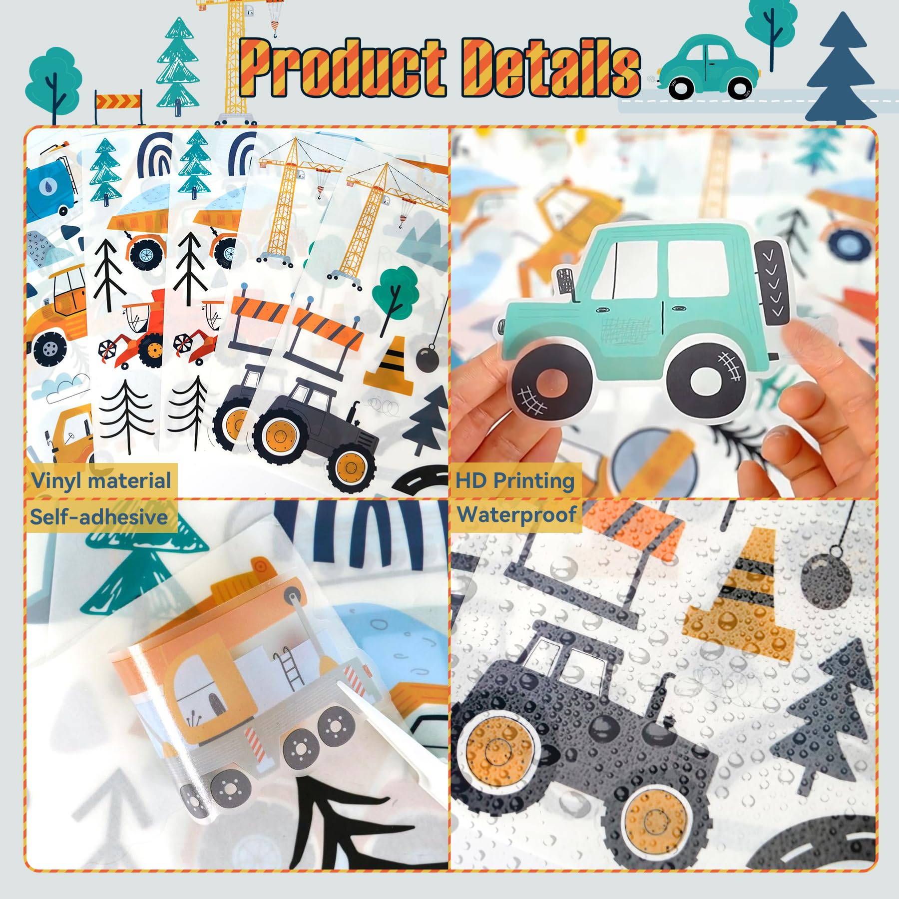 Construction Vehicles Wall Stickers - 6 Sheets 90 Pcs Construction Themed Trucks Excavator Crane Bohemian Style Wall Decals Peel and Stick Wall Decors for Kids Baby Bedroom Boys Room Nursery Playroom