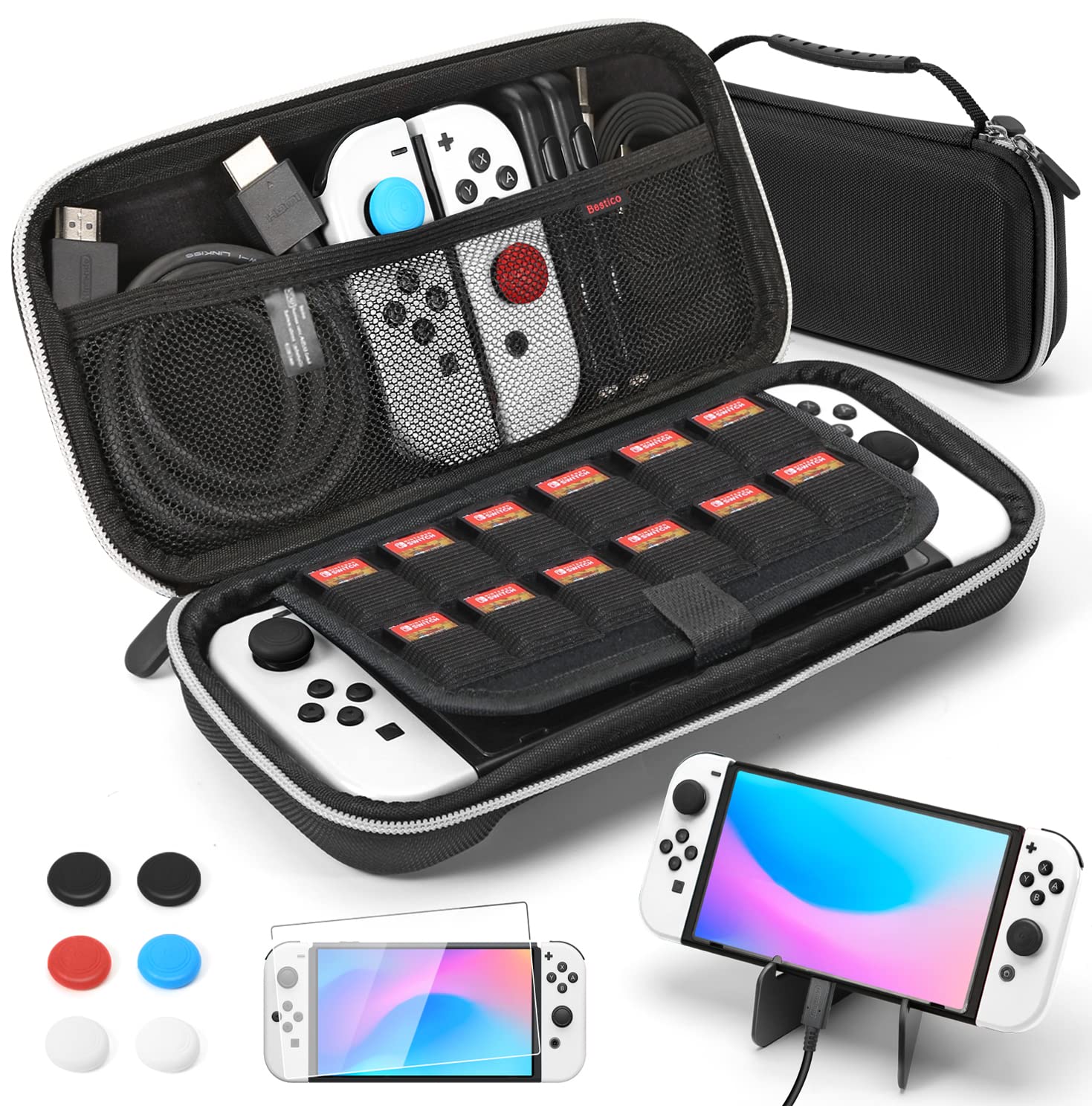 Bestico Case for Nintendo Switch OLED Model, 9in1 Accessories Bundle with Switch OLED Carrying Case, Tempered Glass Screen Protector, Console Stand and 6 Thumb Grips Caps, Black