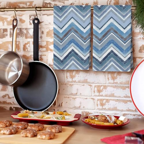 Beisseid Kitchen Dish Towels Blue Chevron Dish Cloth Fingertip Hand Towels Geometric Design Stripe Blue Gray Super Absorbent Soft Cotton Tea Towel 3 PCS