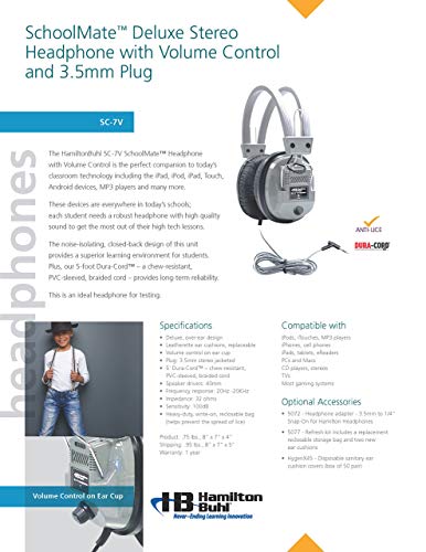 HamiltonBuhl SC-7V SchoolMate Deluxe Stereo Headphone with 3.5 mm Plug and Volume Control, Leatherette Cushions, Replaceable, Heavy-duty, Write-on, Reclosable Bag, Volume Control On Ear Cup