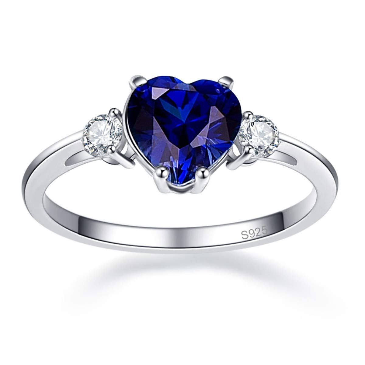 BONLAVIE 2.25ct Created Blue Sapphire Ring 925 Sterling Silver Rhodium Plated Blue Heart Ring Promise Ring Engagement Ring for Her Birthday Anniversary Valentine's Day Size 7