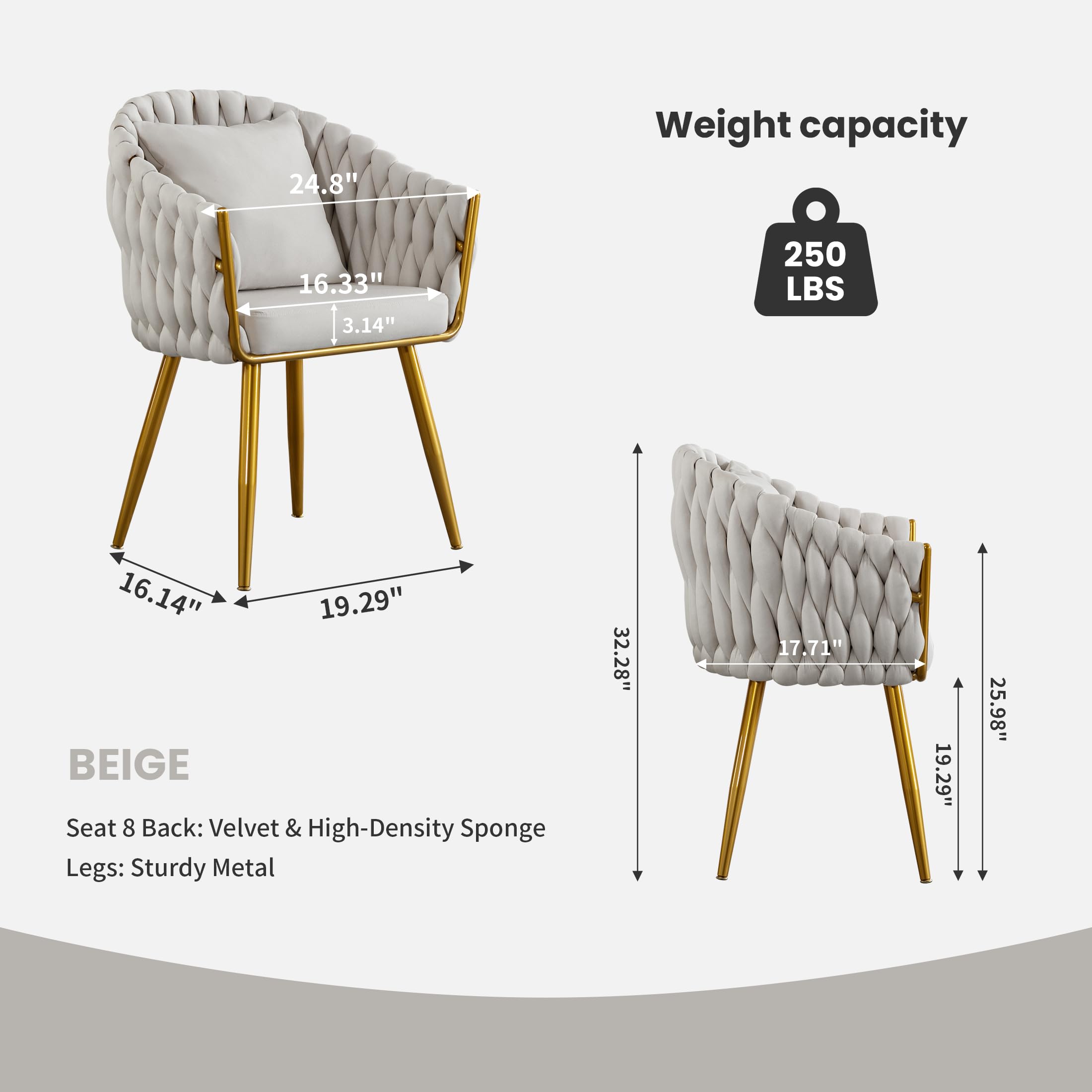 BOSMILLER Woven Dining Chairs, Modern Dining Room Chairs with Gold Metal Non-slip Legs, Curved High Backrest Round Upholstered Dining Chair with Headrest, for Living Room, Dining Room (Beige)