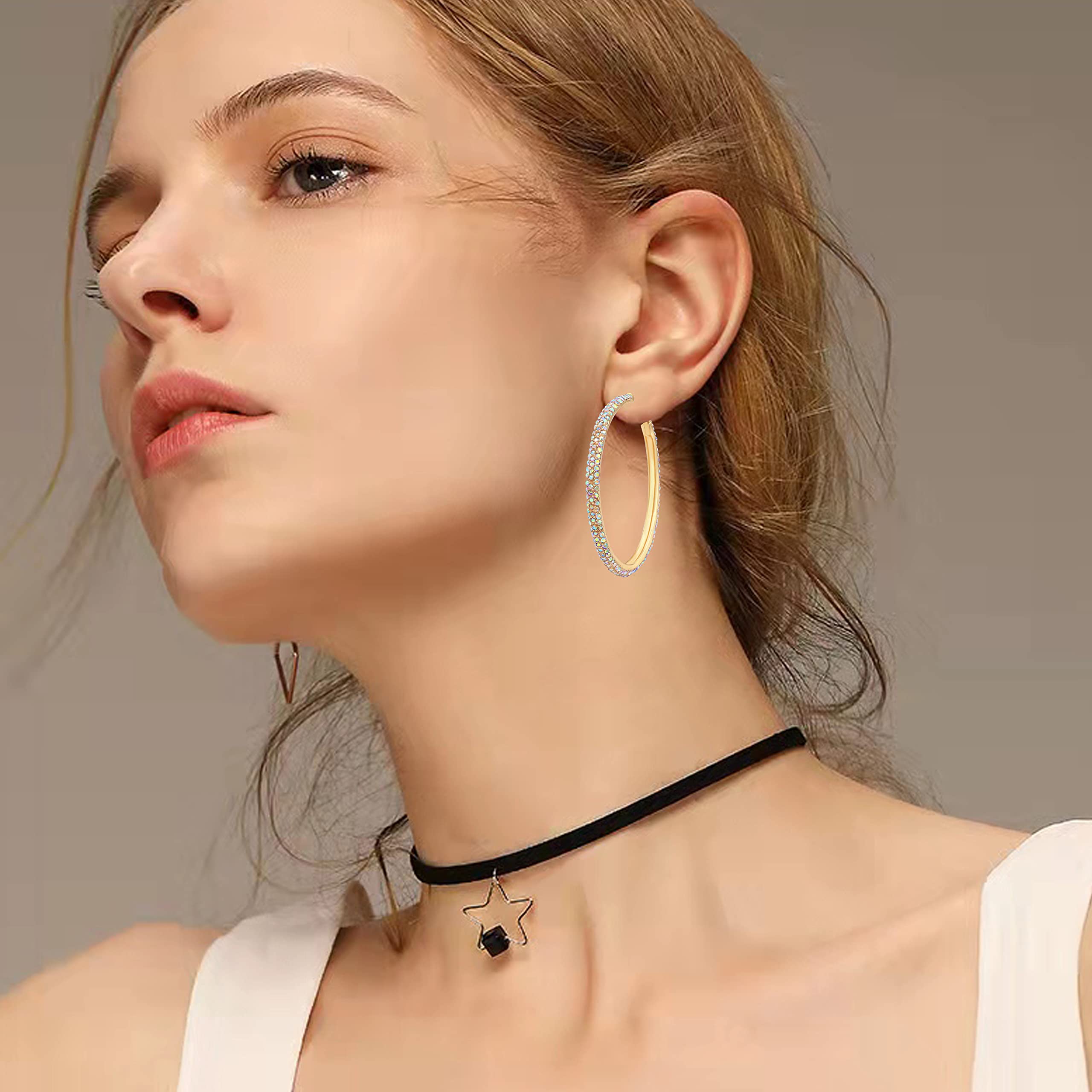 Big Hoop Earrings AB Crystal for Women - PeriFairy Round Iridescent Dangle Drop Gold Pierced Prom Jewelry