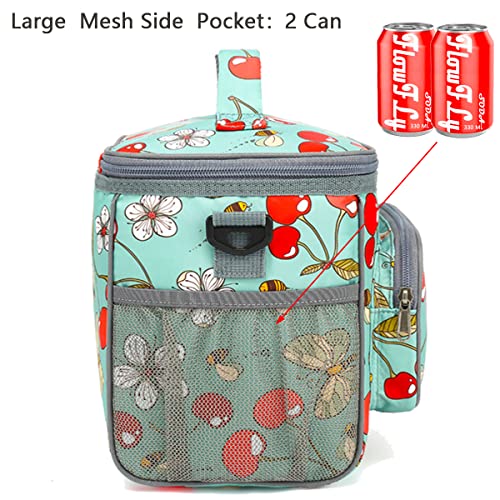 FlowFly Insulated Reusable Lunch Bag Adult Large Lunch Box for Women and Men with Adjustable Shoulder Strap,Front Zipper Pocket and Dual Large Mesh Side Pockets,Cherry