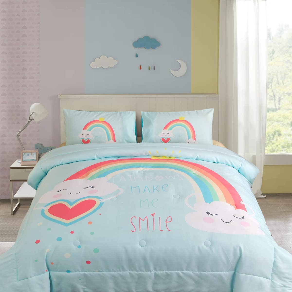 Btargot Ultra Soft Chirstmas Kid's Comforter Set Cartoon White Colorful Rainbow Pattern Bedding Sets Twin Size