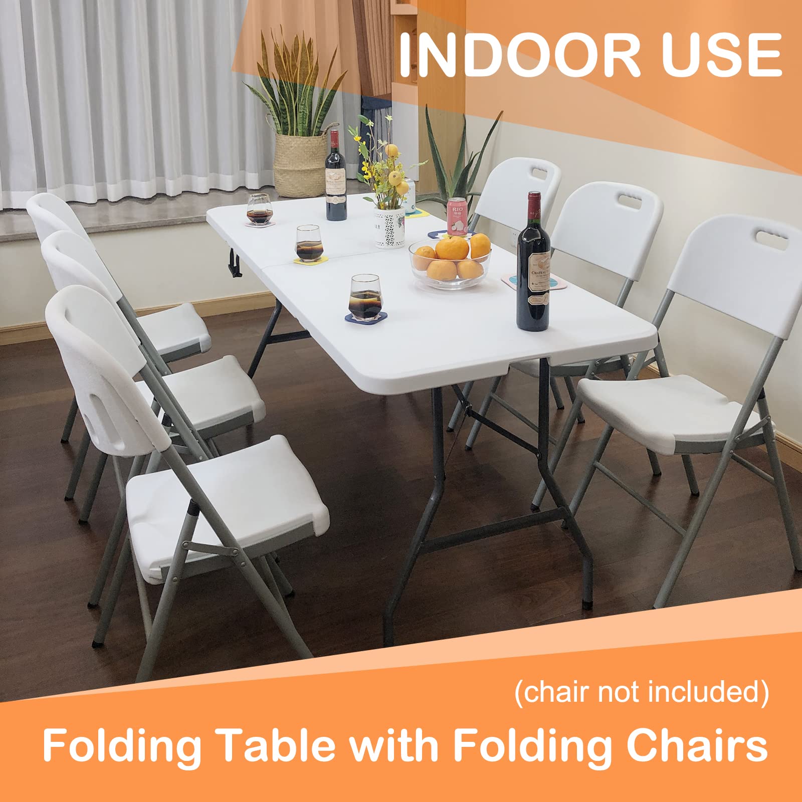 BOSOVEL 78 inch Folding Table Fold in Half 7ft Table w/Handle White Plastic for Outdoor & Indoor Booth Party Kitchen Dining Picnic Camping BBQ